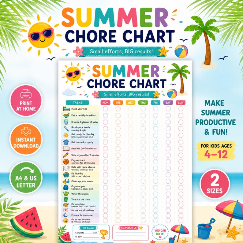 Summer Chore Chart for Kids Printable, Daily & Weekly Responsibility ...