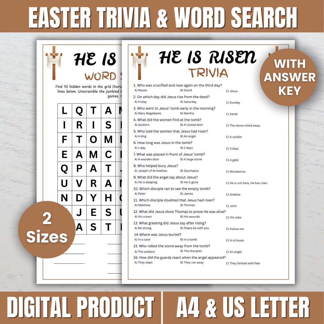 He is Risen Easter Trivia Game & Word Search, Christian Easter Bible ...