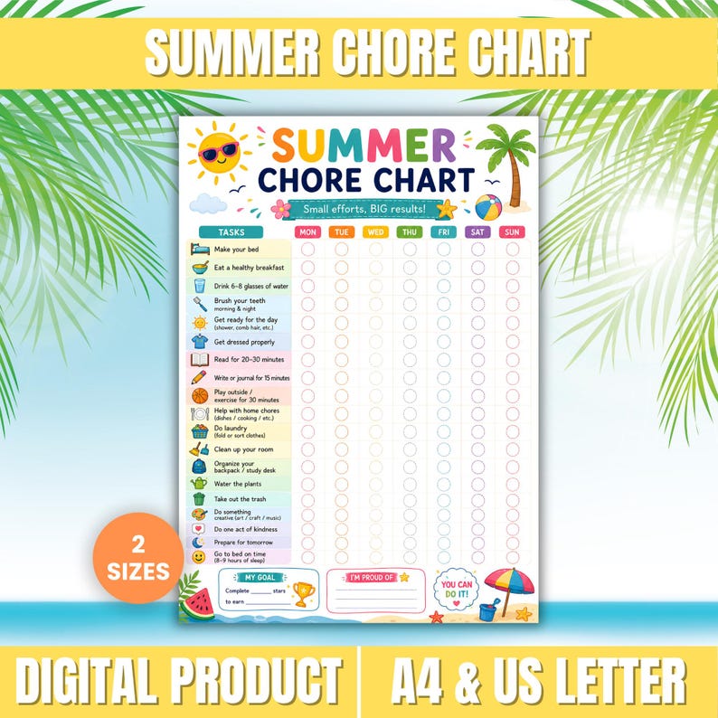 Summer Chore Chart for Kids Printable, Daily & Weekly Responsibility ...