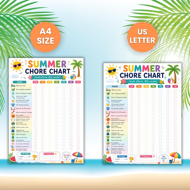 Summer Chore Chart for Kids Printable, Daily & Weekly Responsibility ...