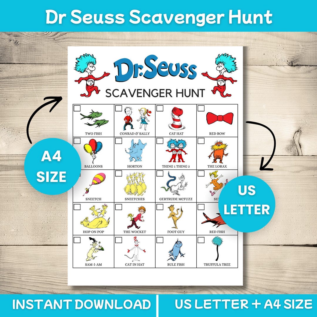 Dr Seuss Scavenger Hunt Printable, Dr Seuss Treasure Hunt Game for Kids ...