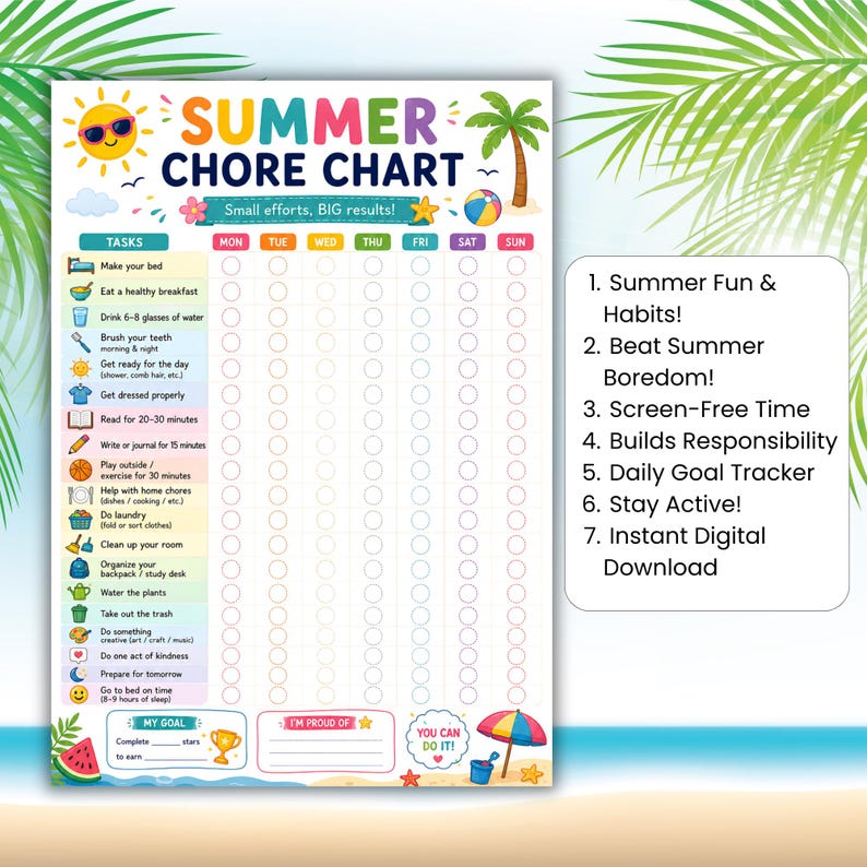 Summer Chore Chart for Kids Printable, Daily & Weekly Responsibility ...