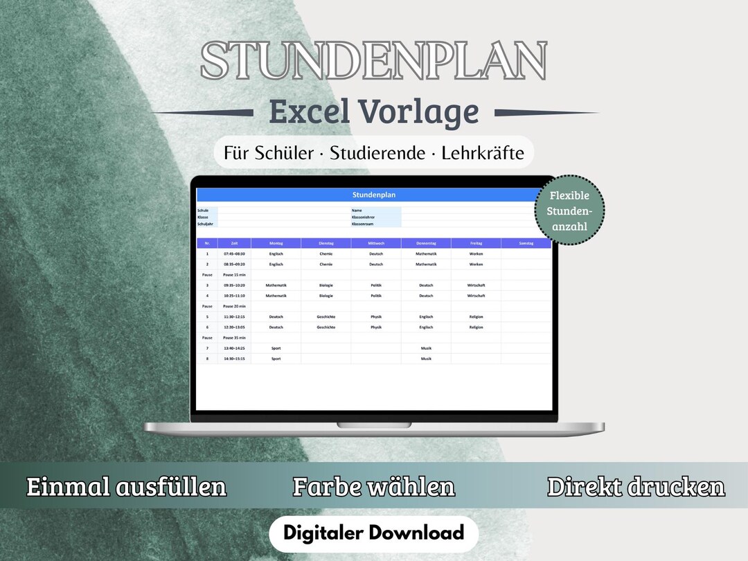 School Timetable Excel Template | Printable Timetable | 5 Colors ...