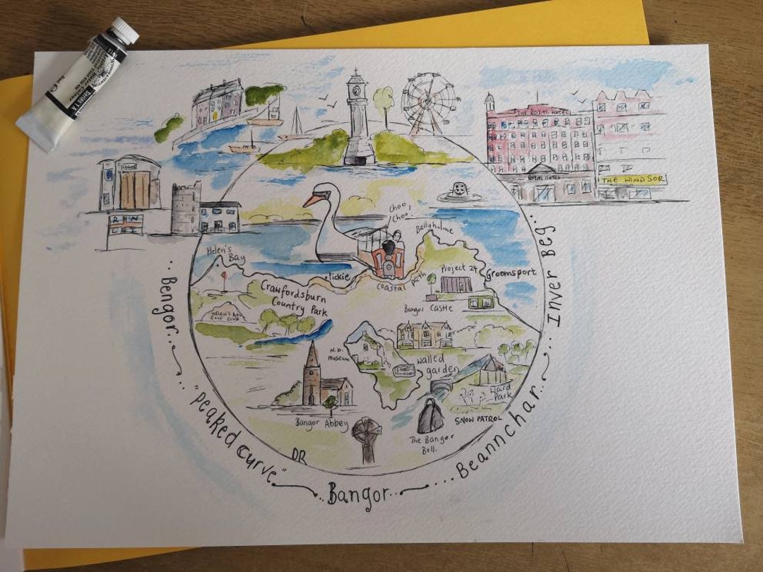 Bangor Co Down Illustrated Map A4 Size. Original Drawing. - Etsy UK