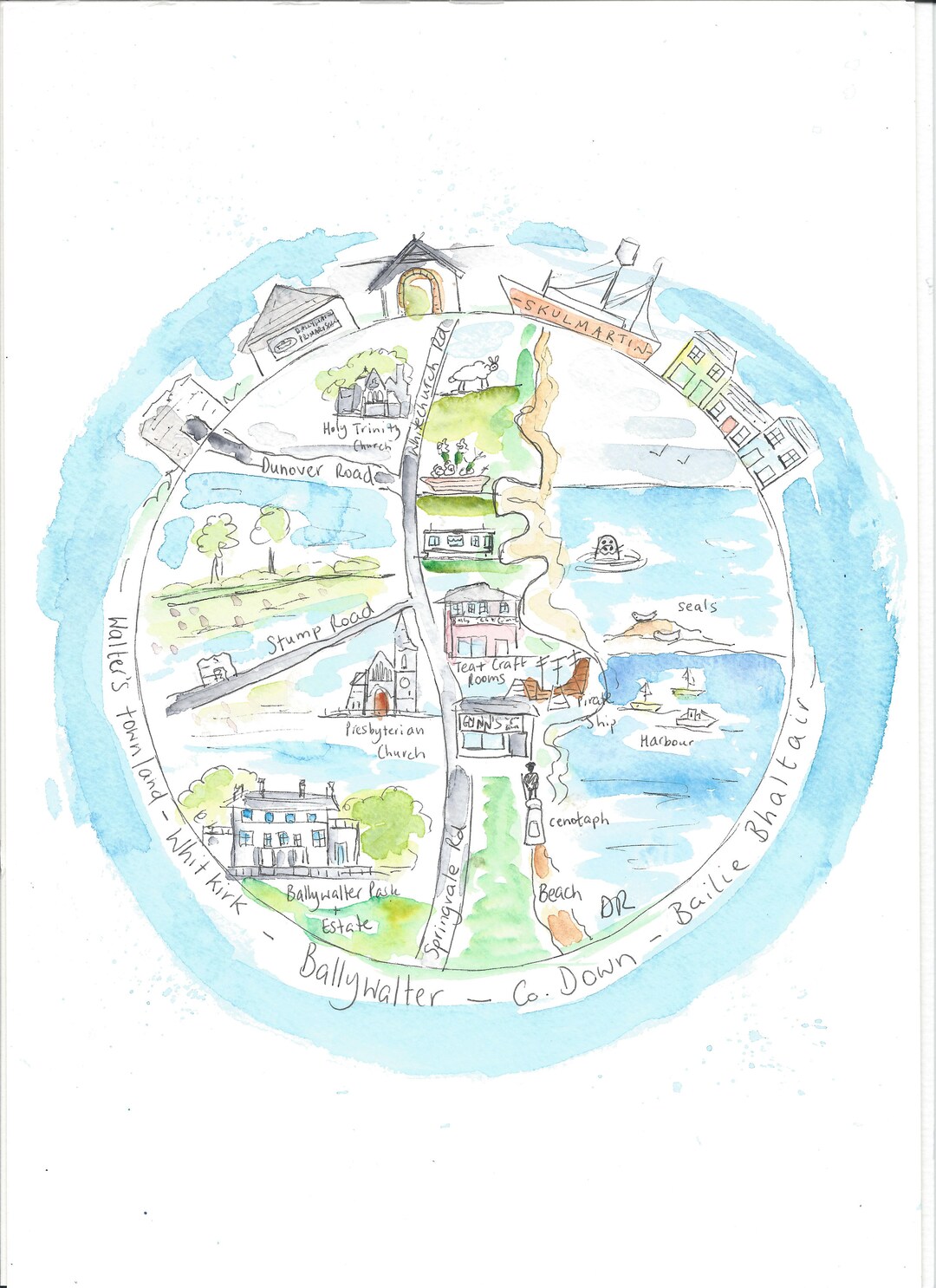 Ballywalter Map. Original Pen and Watercolour Illustration. A4 - Etsy