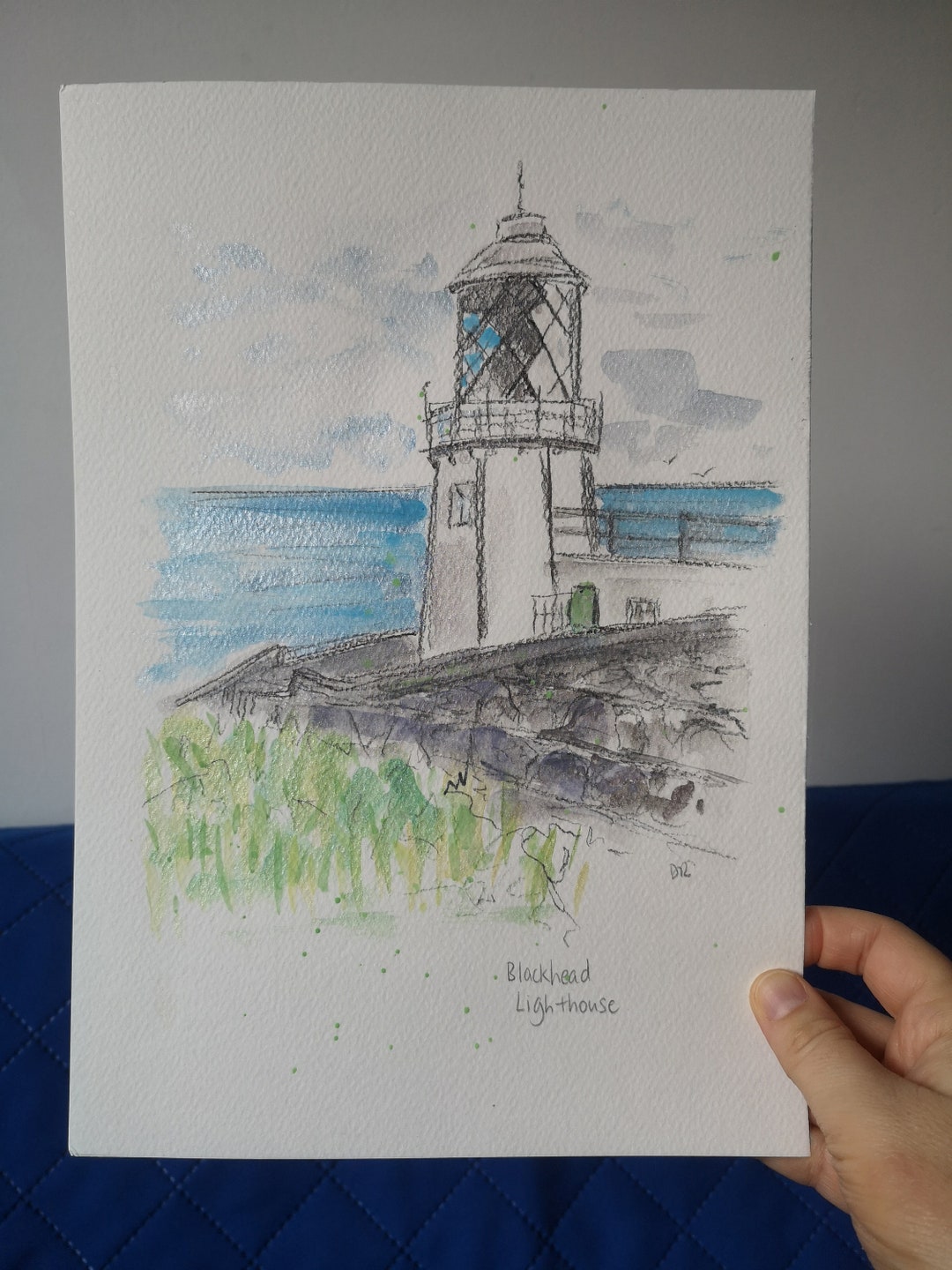 Blackhead Lighthouse Original Graphite & Metallic Watercolour Drawing ...