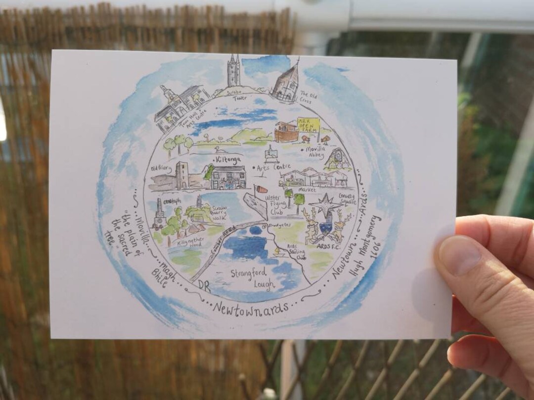 Newtownards Illustrated Map Note Card /mini Postcard Size Print. A6 ...