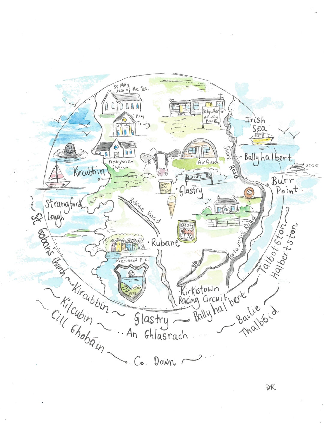 Kircubbin Ballyhalbert Rubane Illustrated Map Watercolour - Etsy UK