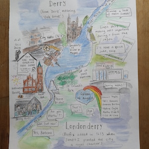 Derry / Londonderry Hand Drawn Illustrated Map. Pen and Watercolour ...