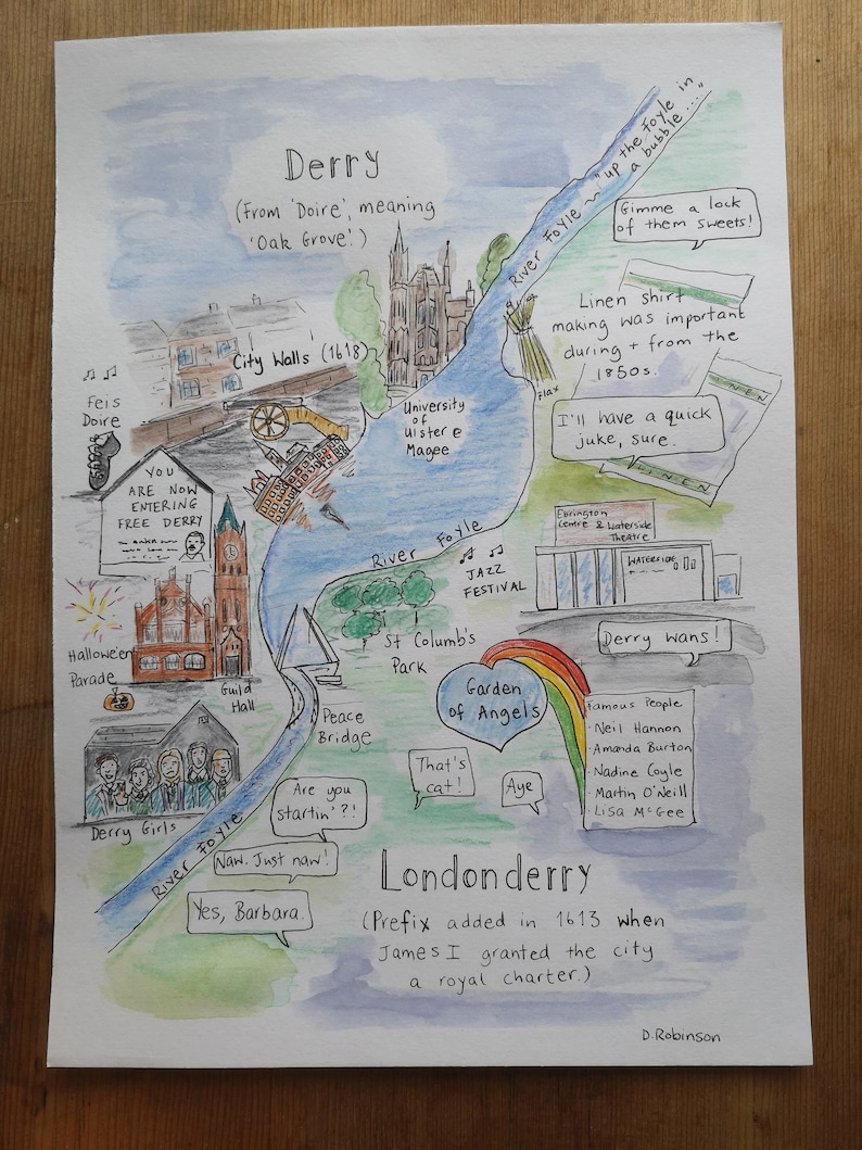 Derry / Londonderry Illustrated Map. Pen and Watercolour. Original Work ...