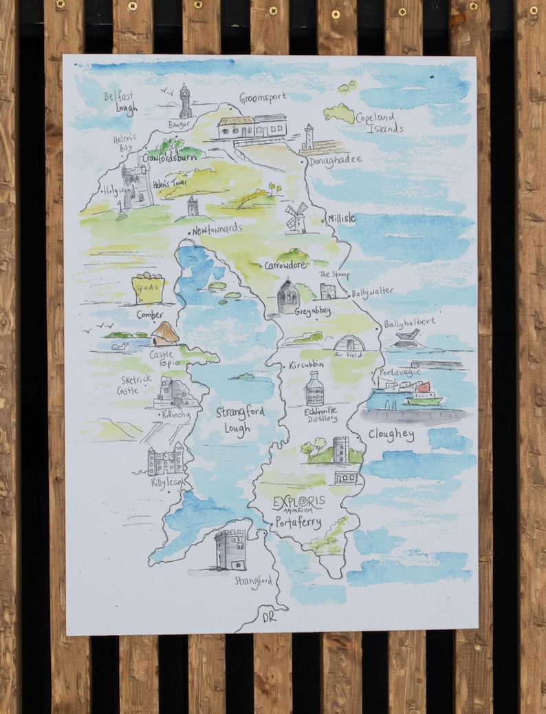 Ards Peninsula Strangford Lough Co Down Illustrated Map Print. Unframed ...