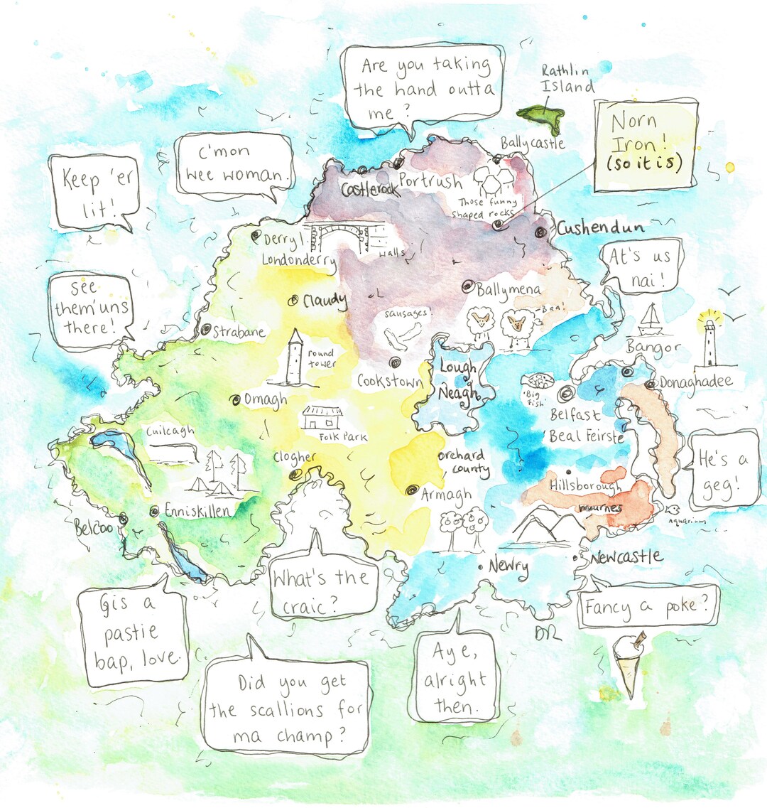 Norn Iron Fun Illustrated Map Poster Print. Northern Ireland Map. - Etsy