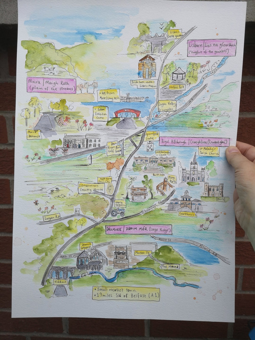 Dromore Moira Hillsborough Illustrated Map. Original. A3 Size. - Etsy