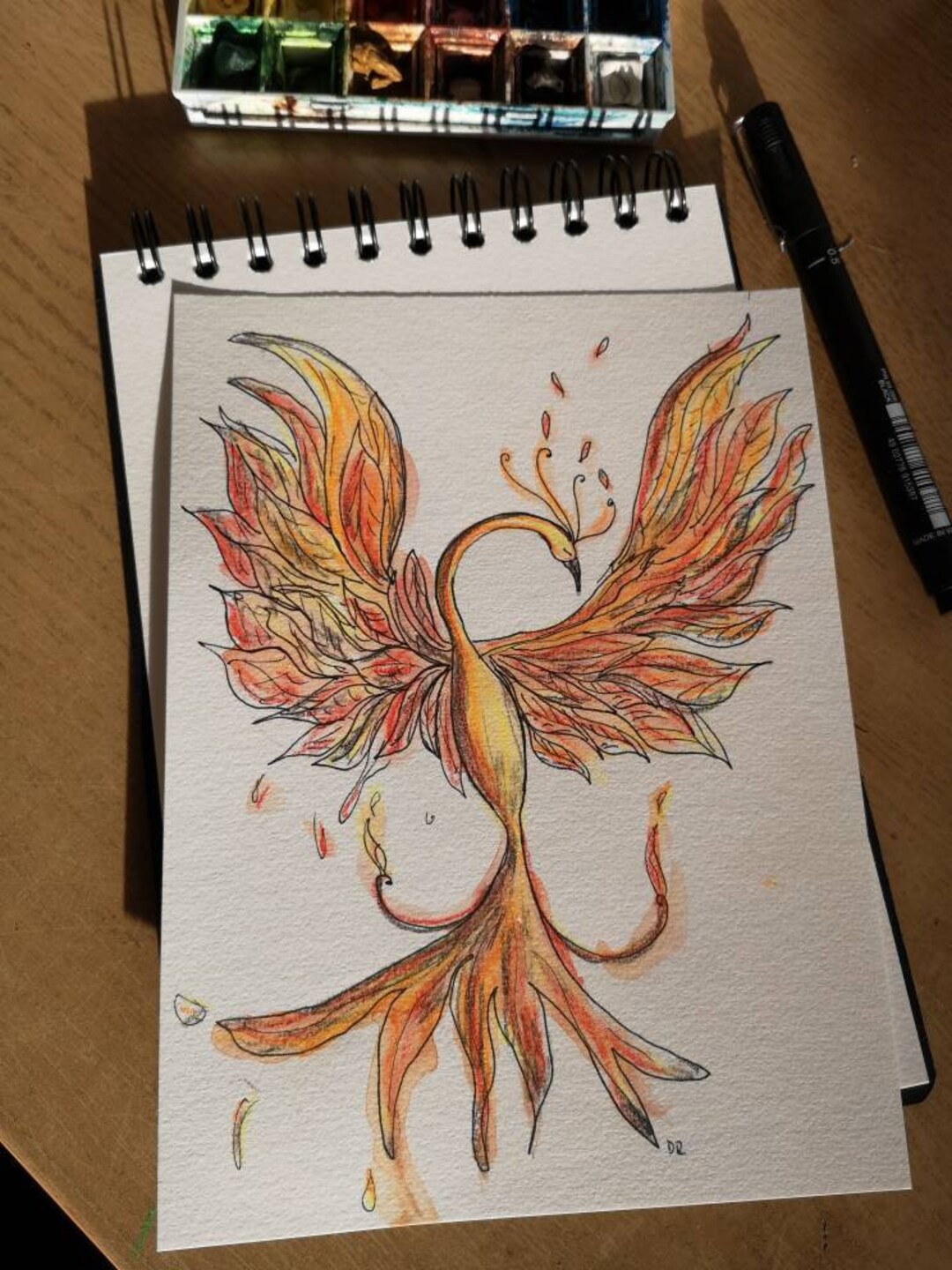 Small Phoenix Bird Pen and Watercolour Illustration. A5 Size. Original ...