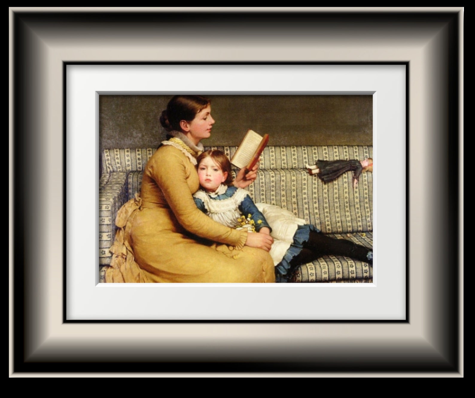 Fine ART PRINT of Woman Reading to Girl With Doll on Couch by - Etsy