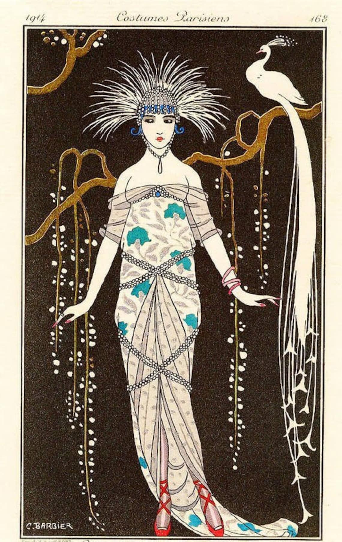 ART DECO Woman Print With Feathers Hair and White Peacock by Barbier - Etsy