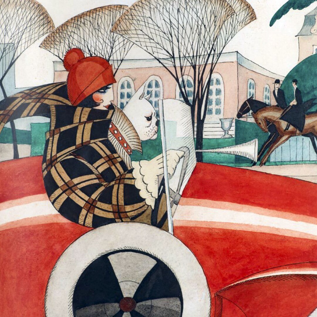 Art Nouveau Print by Artist Gerda Wegener/sports Car/flapper/dog - Etsy