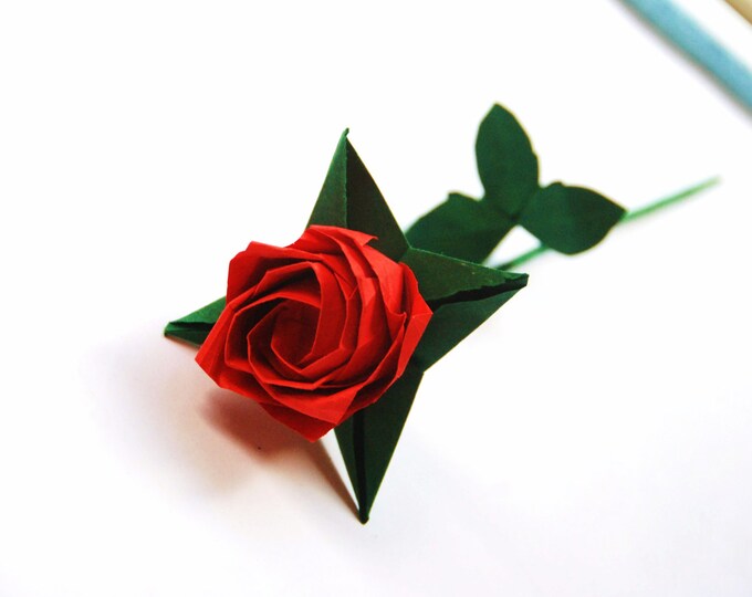 Single Red Origami Rose-with Stem and Leaves - Etsy
