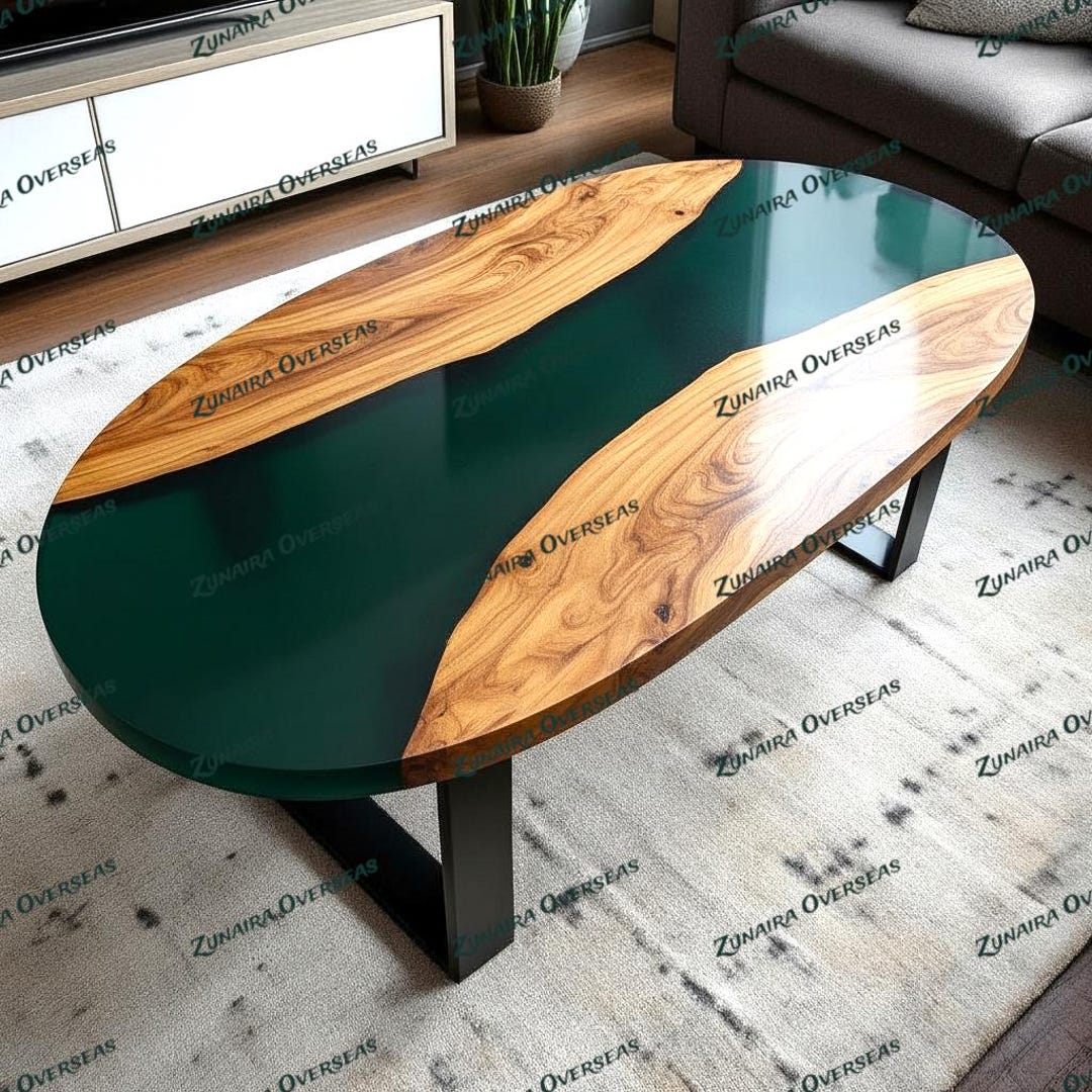 Oval Shape Coffee Table, Black Epoxy Resin & Natural Solid Wood Table ...