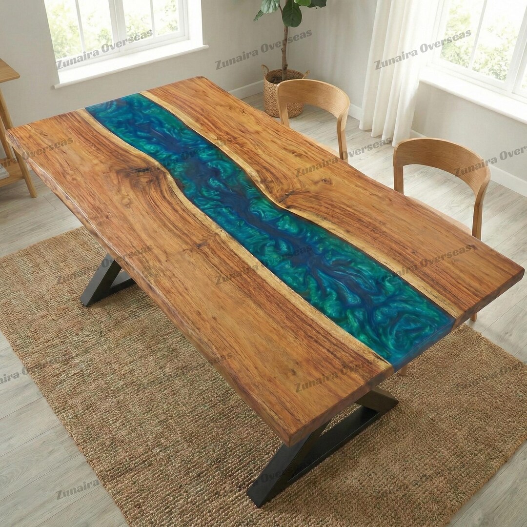 Blue Metallic Resin Live Edge Wood Dining Table Modern Rustic - Etsy