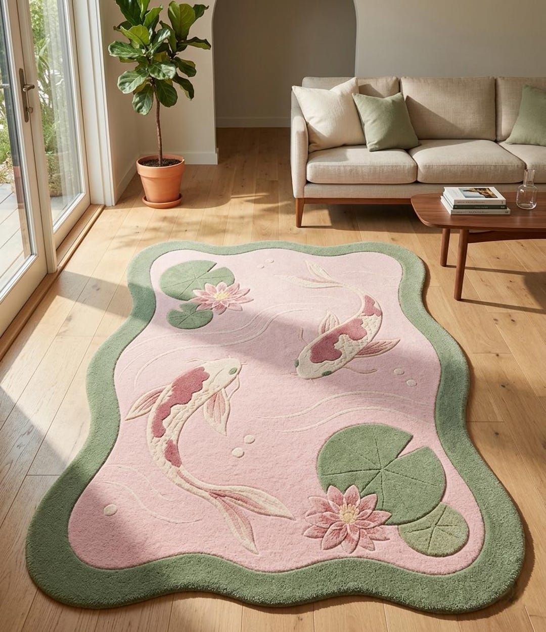 Koi Fish Rug, Irregular Shape Pink Green Area Rug, Japanese Pond Lily ...