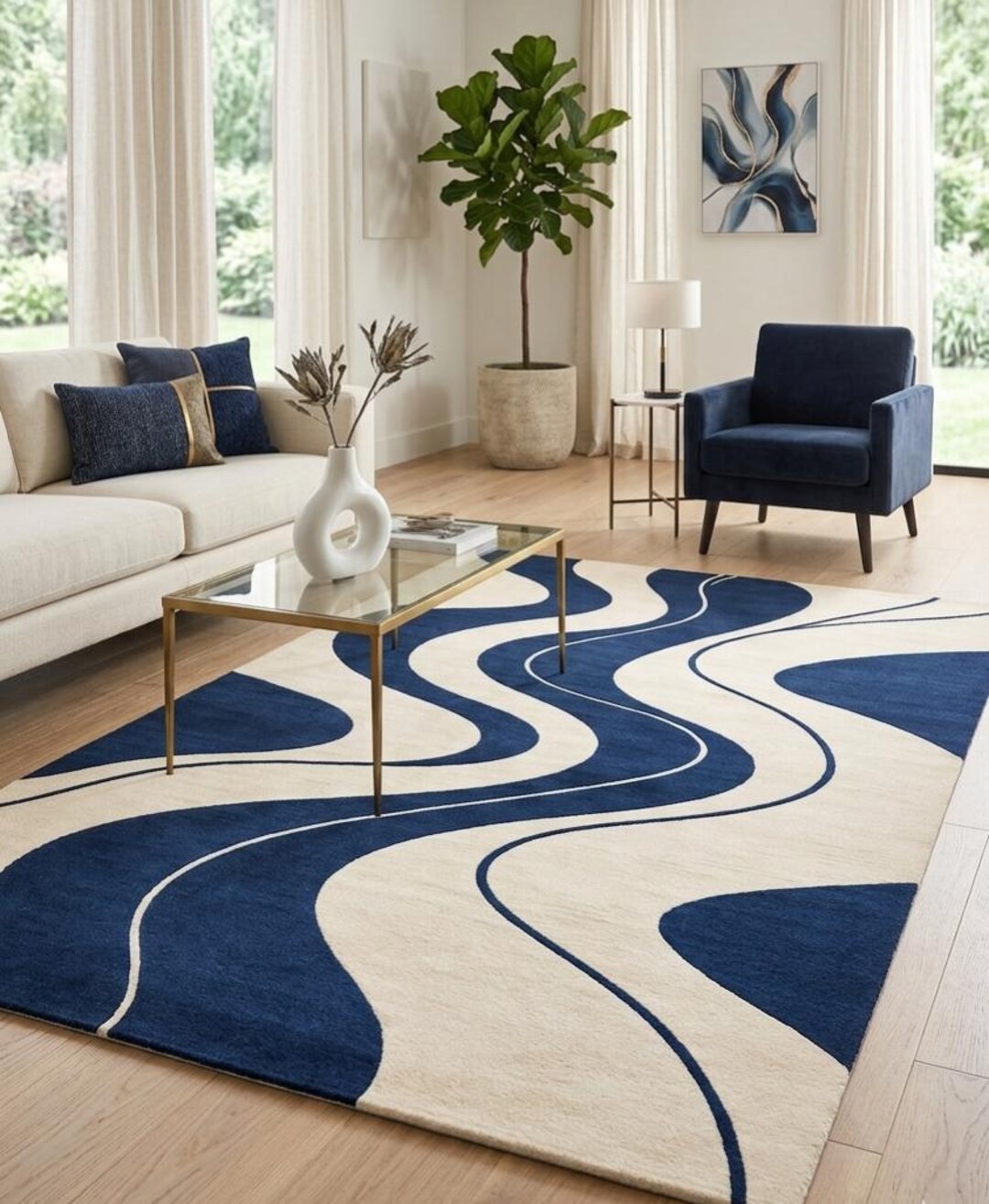 Modern Abstract Blue Cream Rug, 8x10 Wavy Pattern Area Rug ...