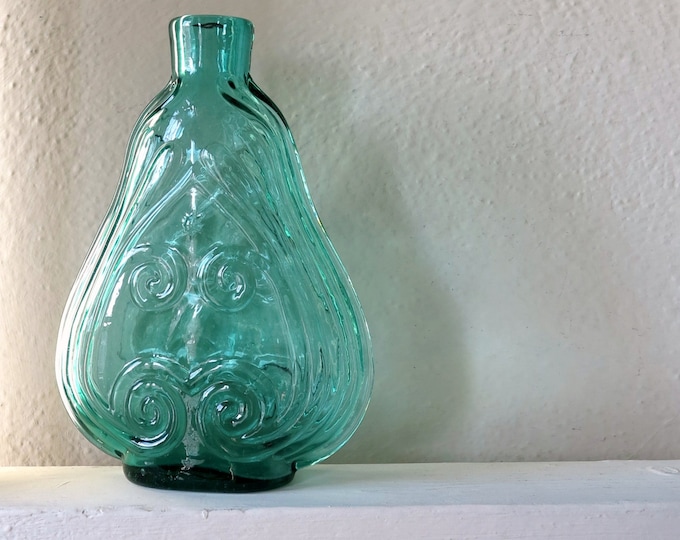 Rare Antique Teal Scroll Flask Bottle Violin Flask GIX Pint Open Pontil ...
