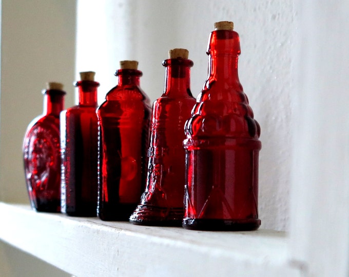 Set Vintage Medicinal Elixir Bottles Small Cherry Red Glass Spice Jars ...