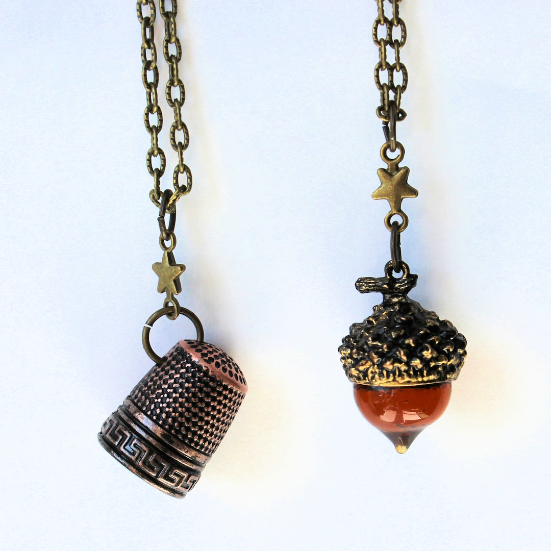 Peter Pan Thimble and Acorn Kiss Necklace SET in Bronze and Golden ...