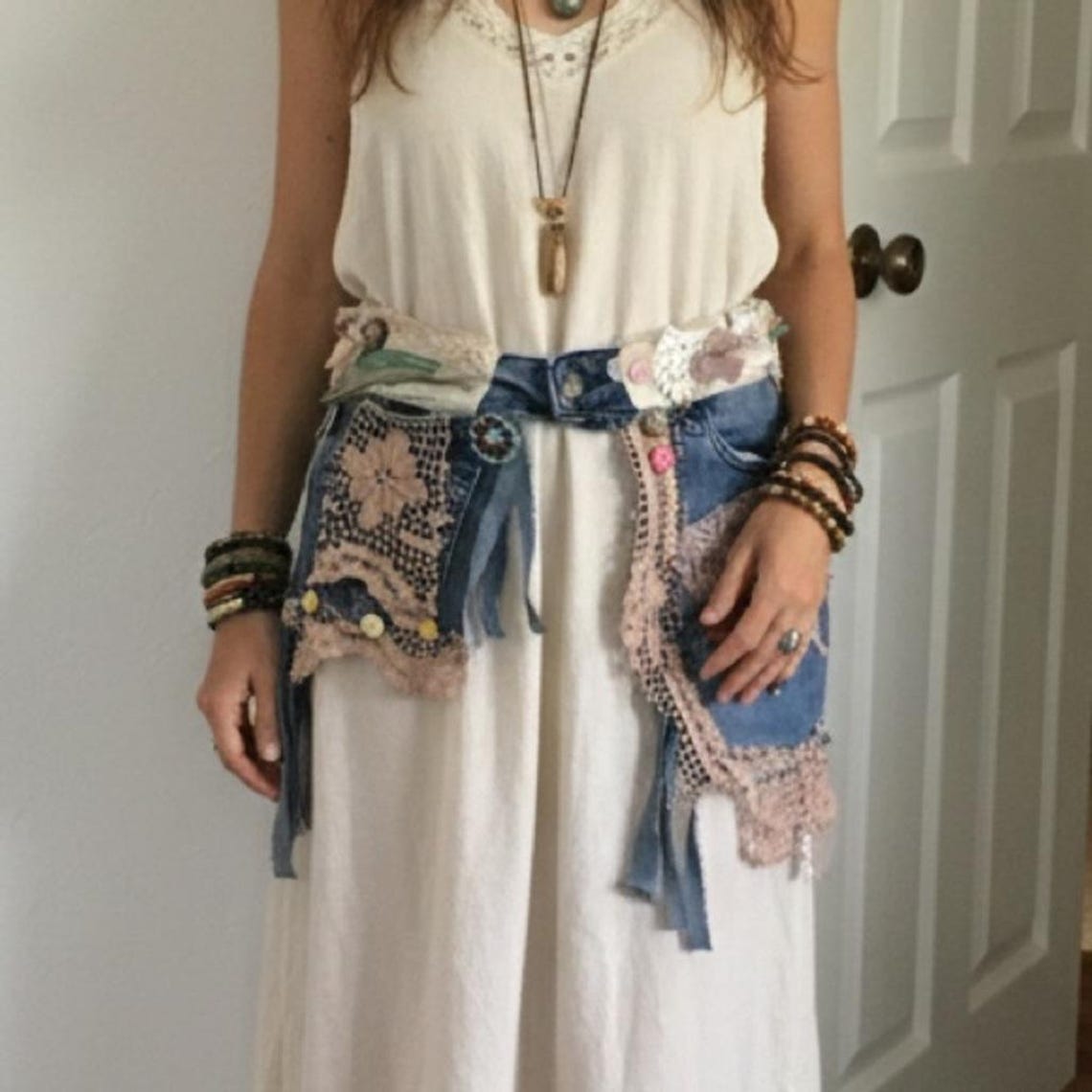 OOAK Custom Upcycled Denim Boho Lace Embroidered Belt Size 31 to 32 - Etsy