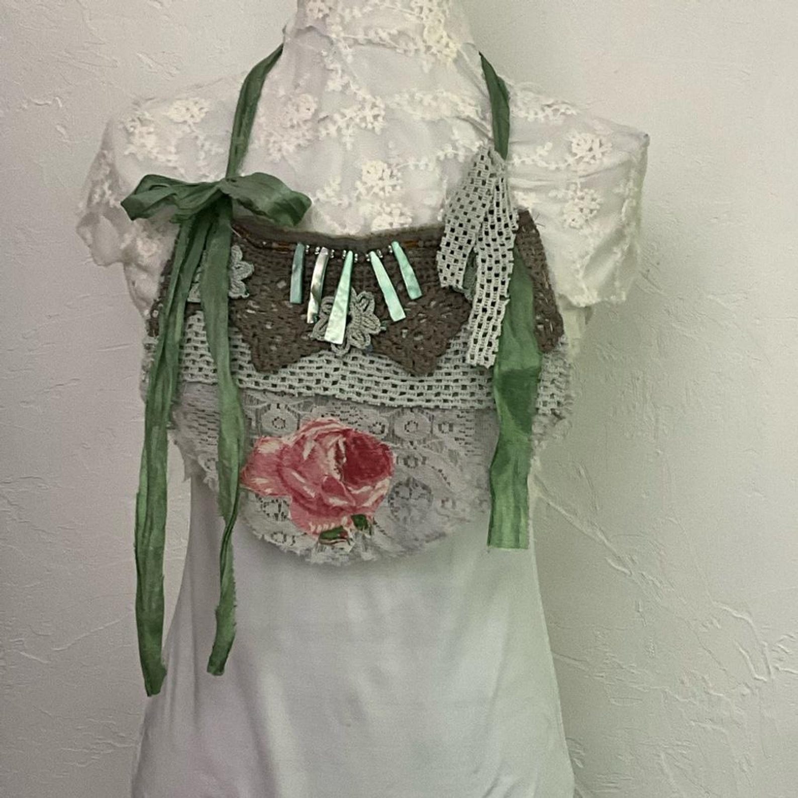 Handcrafted Shabby Chic Lace Rose Mother of Pearl Bib Necklace Green ...