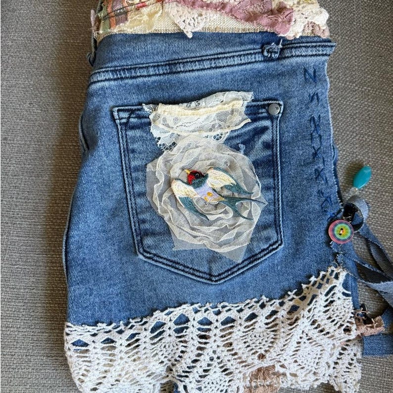OOAK Custom Upcycled Denim Boho Lace Embroidered Belt Size 31 to 32 - Etsy