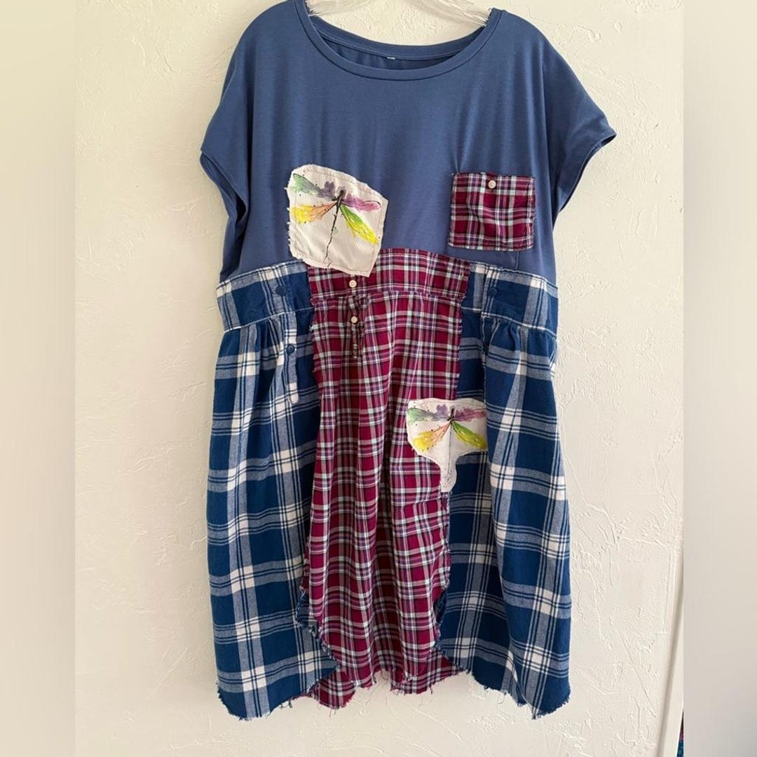 Handmade Upcycled Flannel T-shirt House Dress Patchwork Dragonfly ...