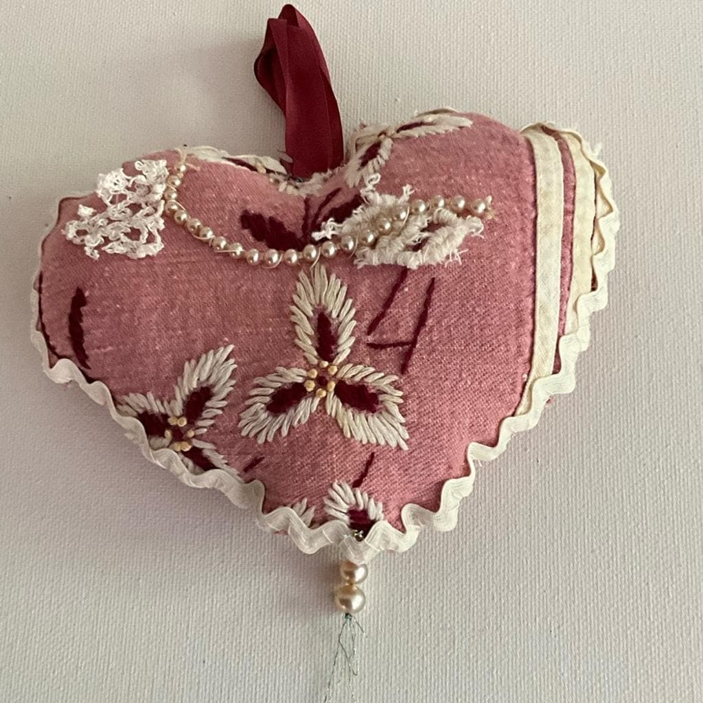 Vintage Victorian Style Pink Embroidered Fabric Heart Ornament - Etsy