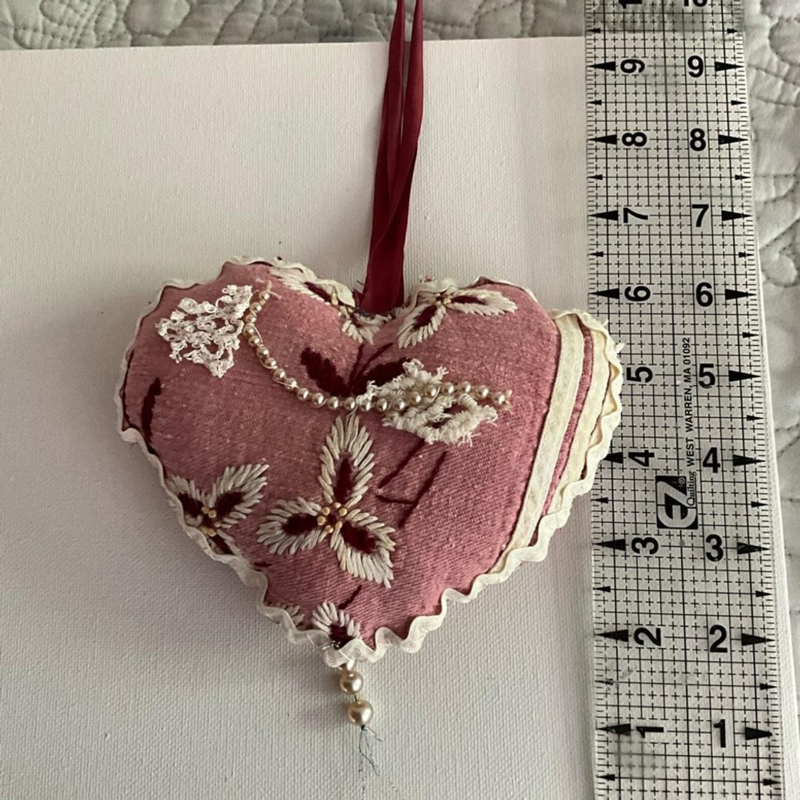 Vintage Victorian Style Pink Embroidered Fabric Heart Ornament - Etsy