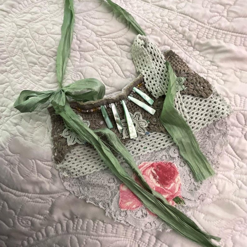 Handcrafted Shabby Chic Lace Rose Mother of Pearl Bib Necklace Green ...