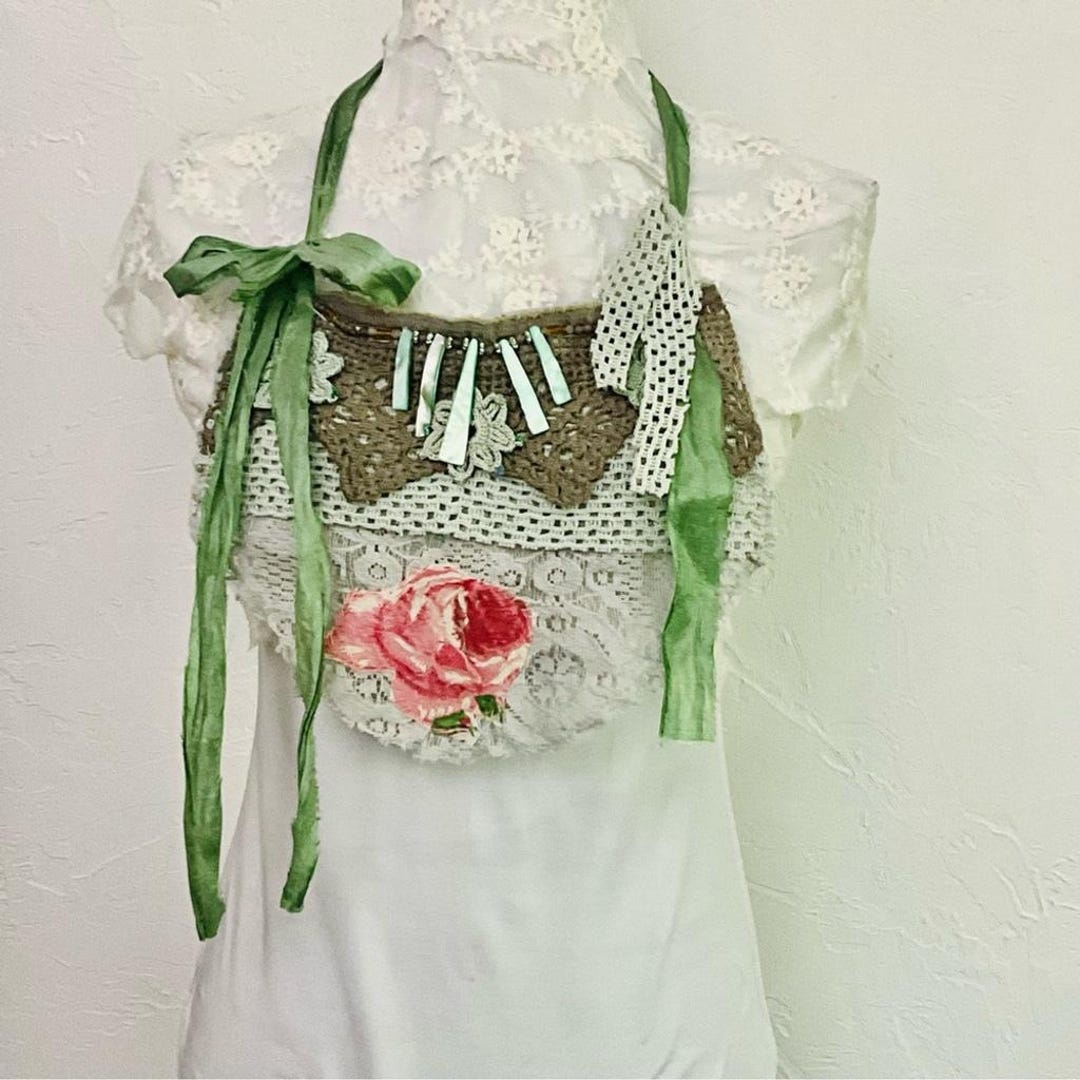 Handcrafted Shabby Chic Lace Rose Mother of Pearl Bib Necklace Green ...