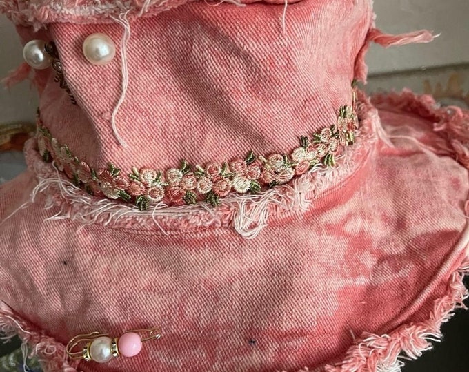 Upcycled Tie Died Pink Cotton Bucket Hat Size Large Pearl Pins Boho ...
