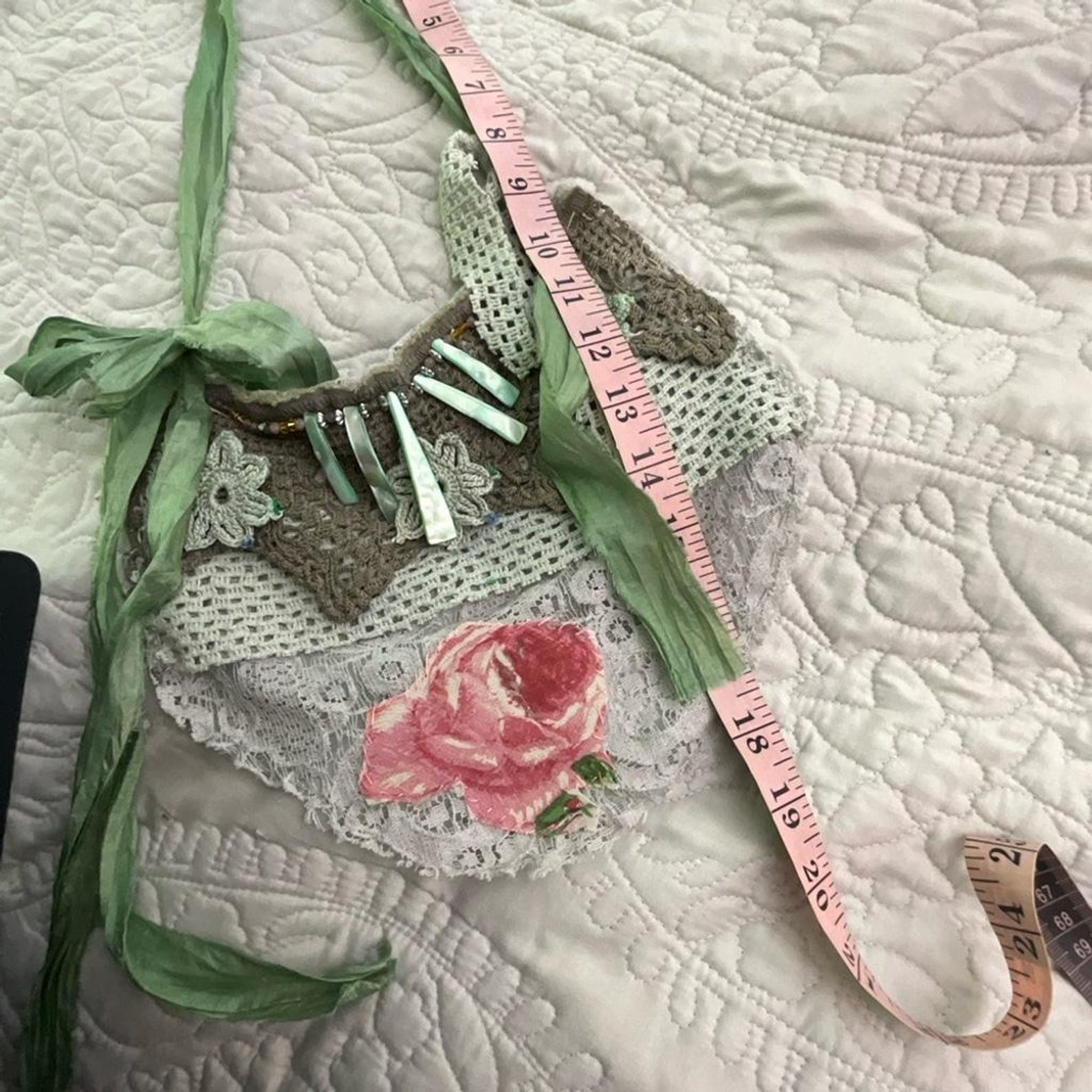 Handcrafted Shabby Chic Lace Rose Mother of Pearl Bib Necklace Green ...