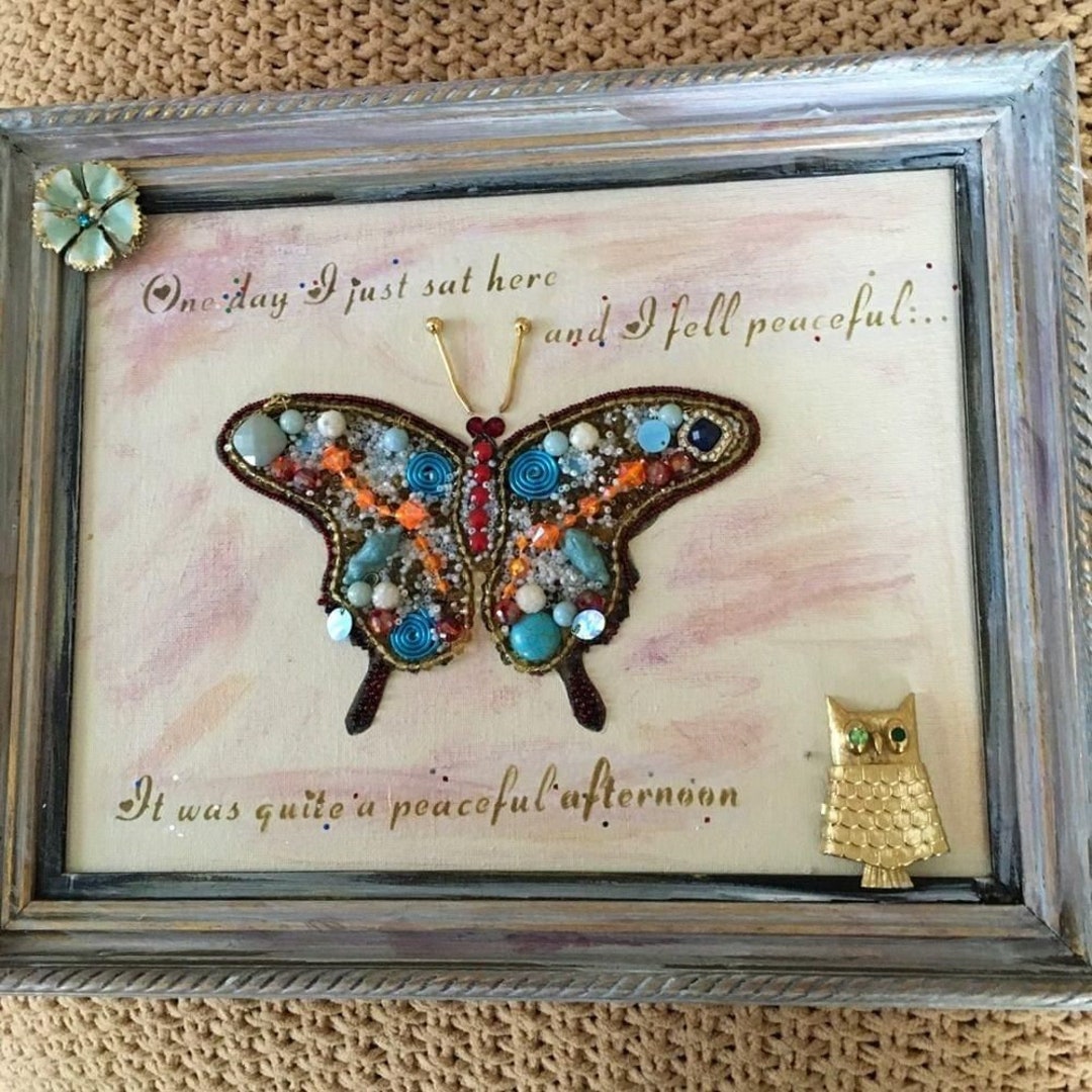 Recycled Jewelry Butterfly Art in Frame: Owl & Flower Pins - Etsy