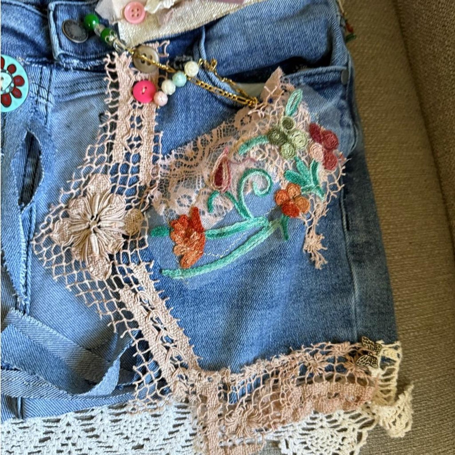 OOAK Custom Upcycled Denim Boho Lace Embroidered Belt Size 31 to 32 - Etsy