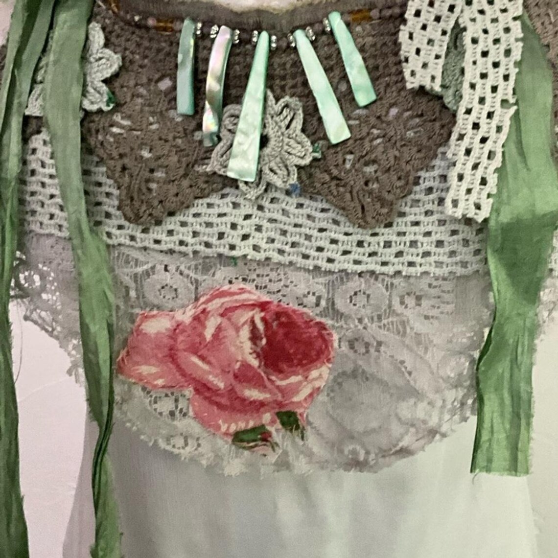 Handcrafted Shabby Chic Lace Rose Mother of Pearl Bib Necklace Green ...