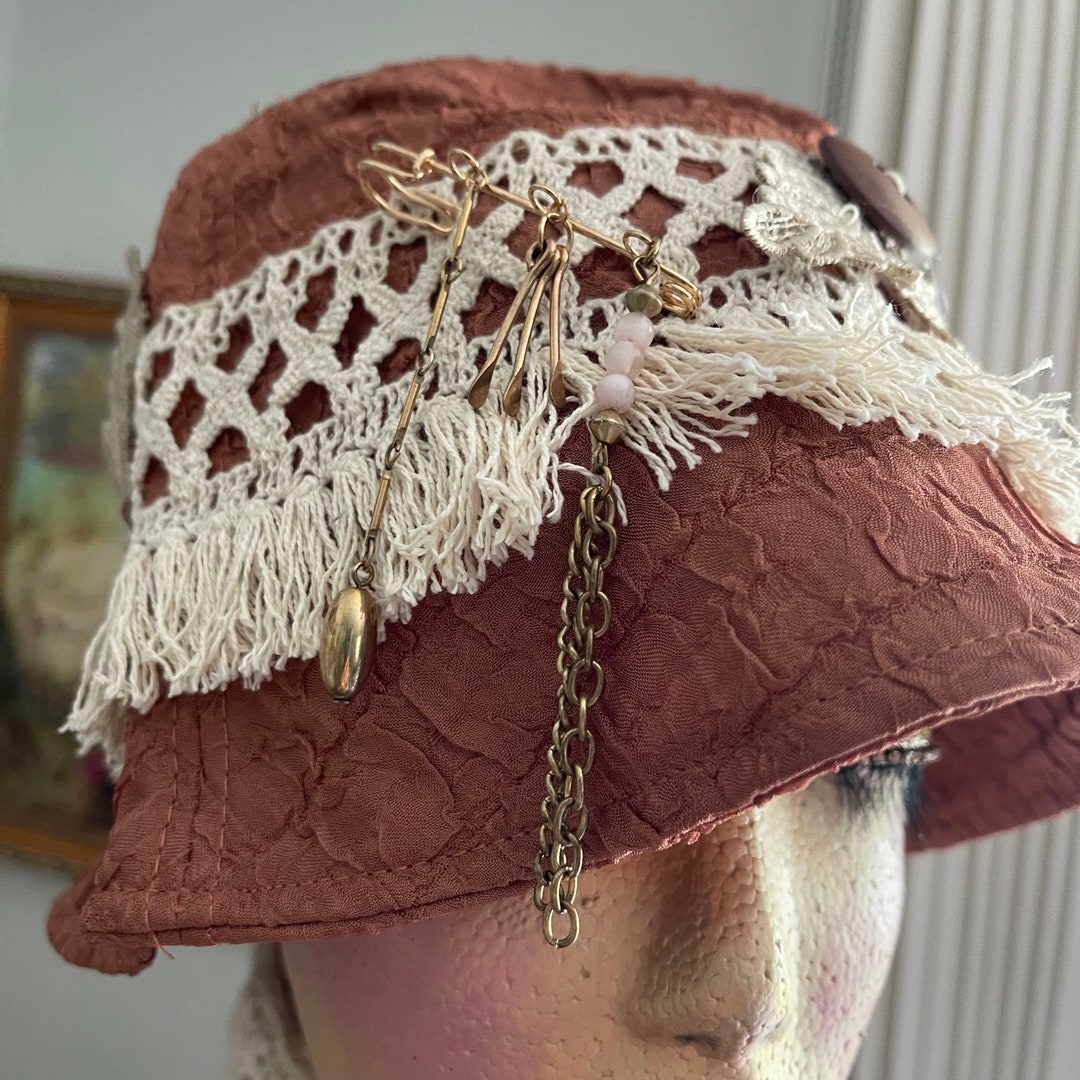 Hat Upcycled Hat Bucket Hat Brown Crinkle Look With Lace, Buttons and ...
