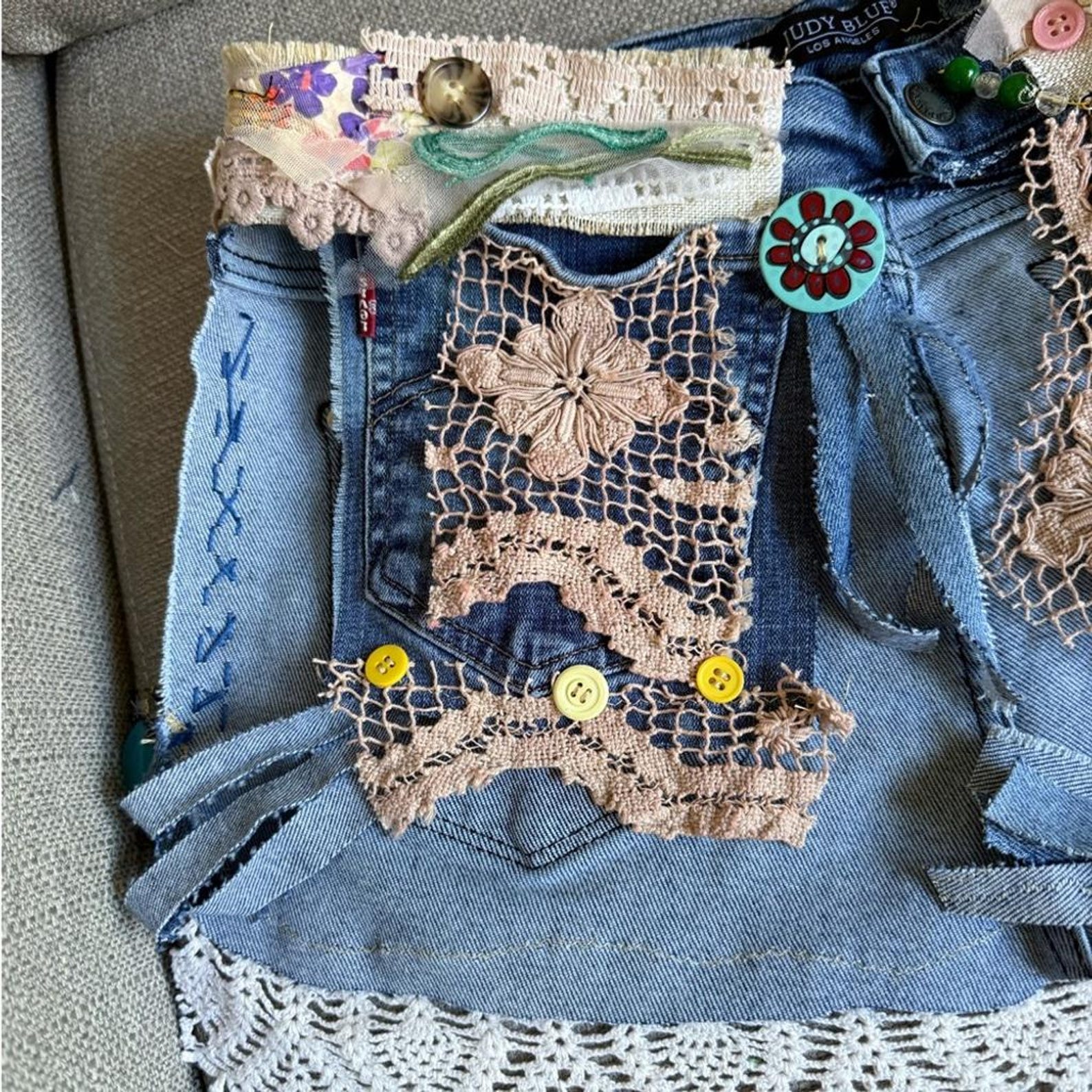 OOAK Custom Upcycled Denim Boho Lace Embroidered Belt Size 31 to 32 - Etsy
