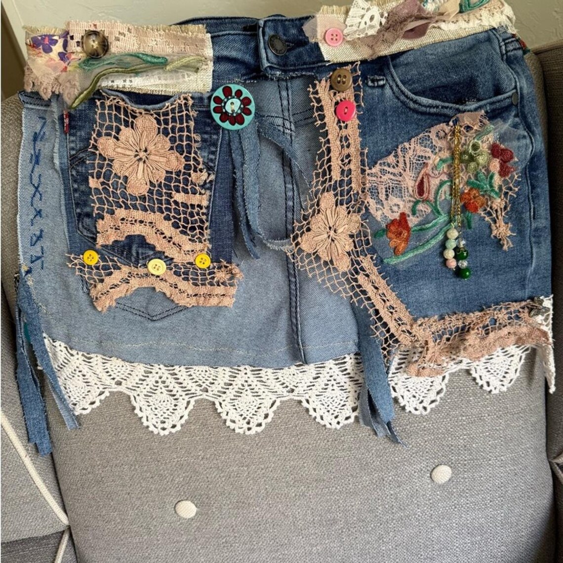OOAK Custom Upcycled Denim Boho Lace Embroidered Belt Size 31 to 32 - Etsy