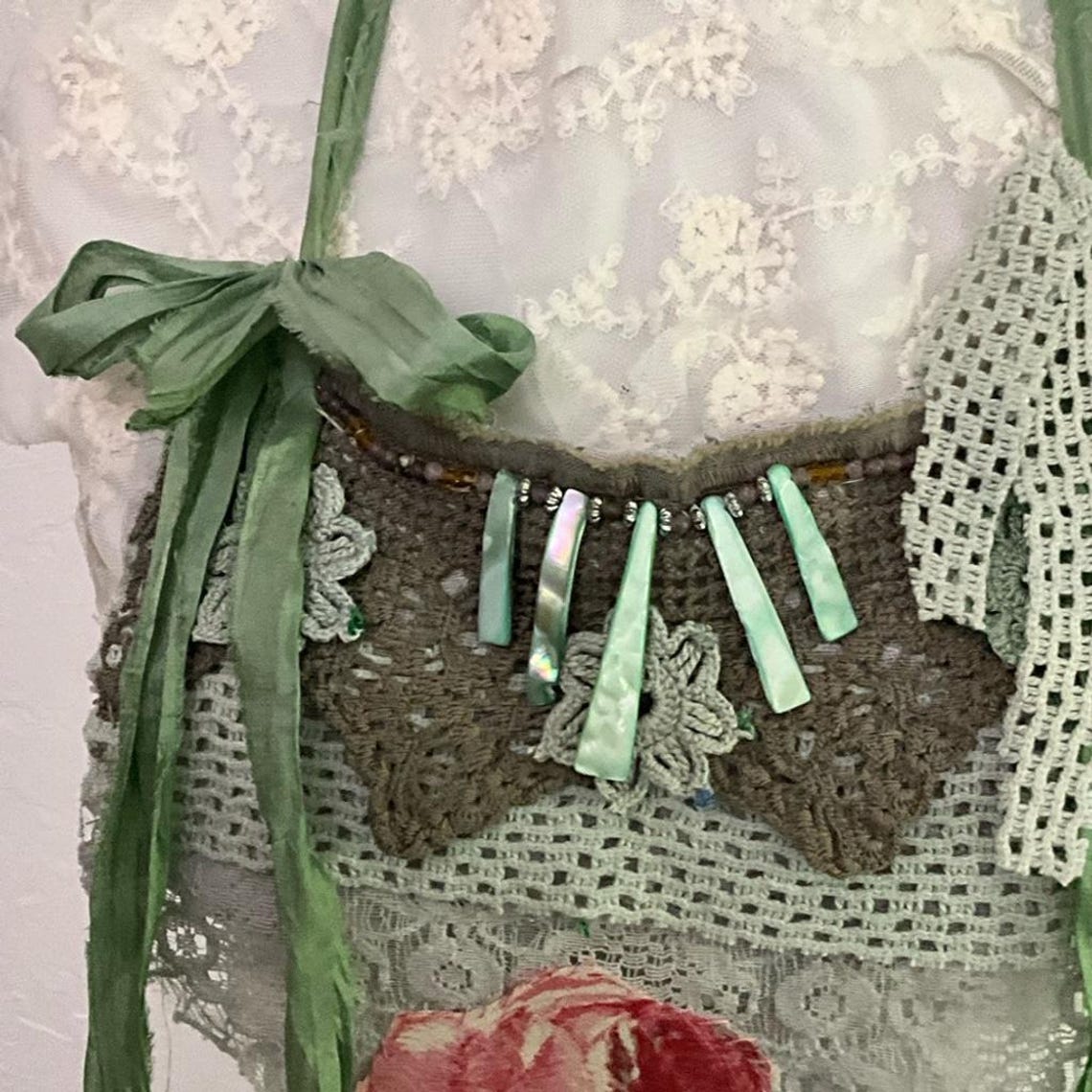 Handcrafted Shabby Chic Lace Rose Mother of Pearl Bib Necklace Green ...
