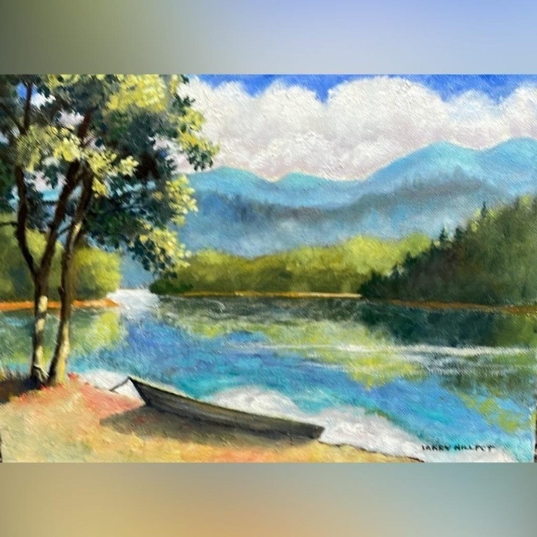 Original Art on Canvas Panel of Beautiful Mountain View With Row Boat 8 ...