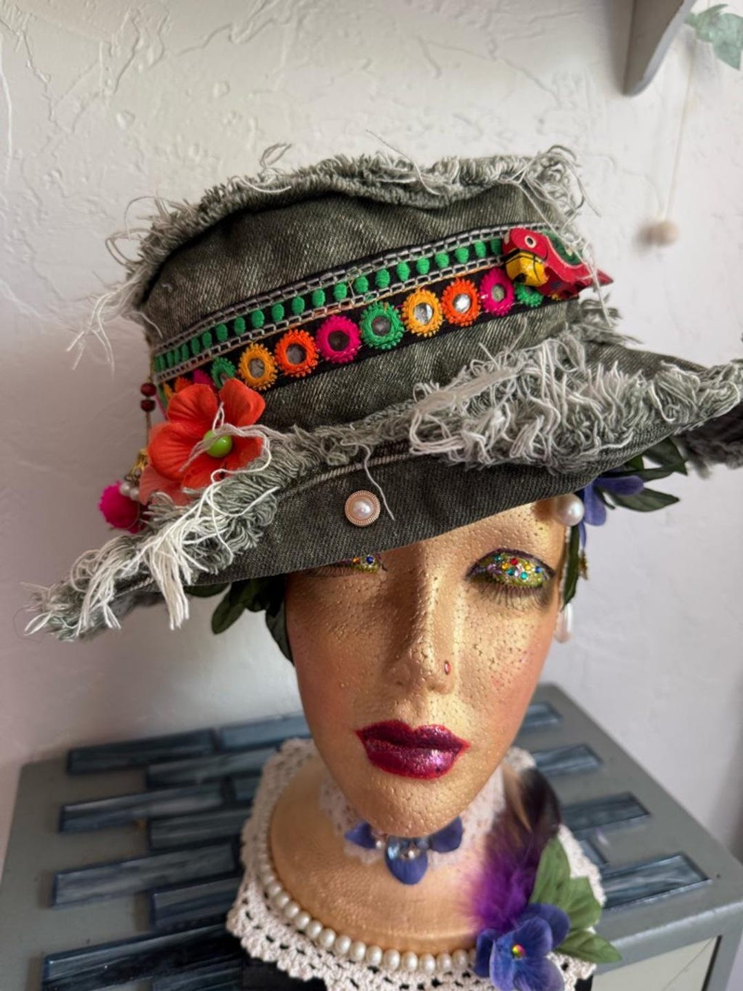 Hat Boho Distressed Olive Green Bucket Hat Embroidered Trim & Mirrors ...