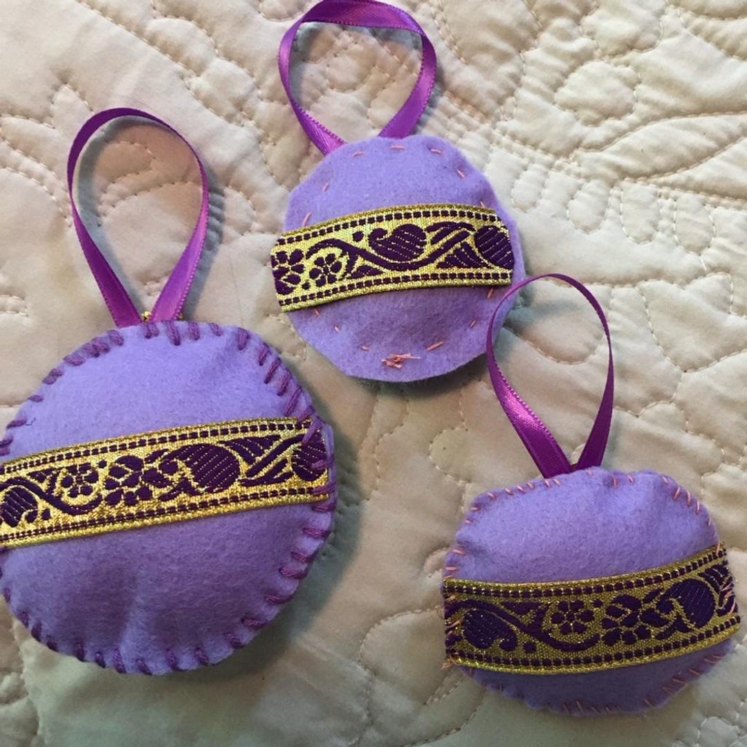 Hand Sewn Wool Felt Christmas Ornaments: Purple Ribbon Set of Three - Etsy