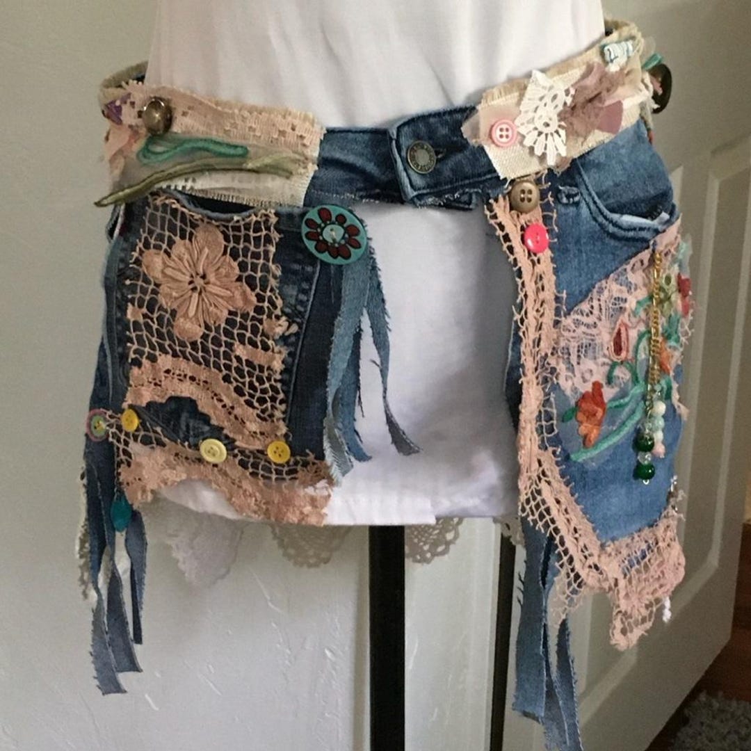 OOAK Custom Upcycled Denim Boho Lace Embroidered Belt Size 31 to 32 - Etsy